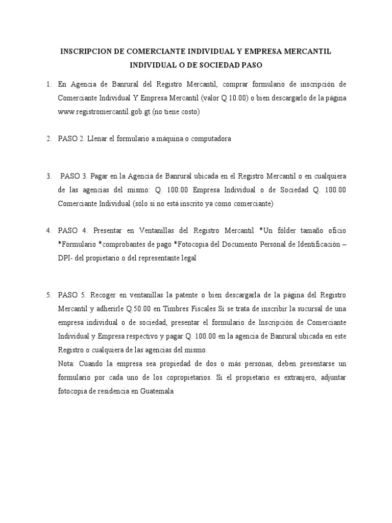 Inscripcion de Comerciante Individual y Empresa Mercantil Individual o de Sociedad Paso 1 | PDF ...