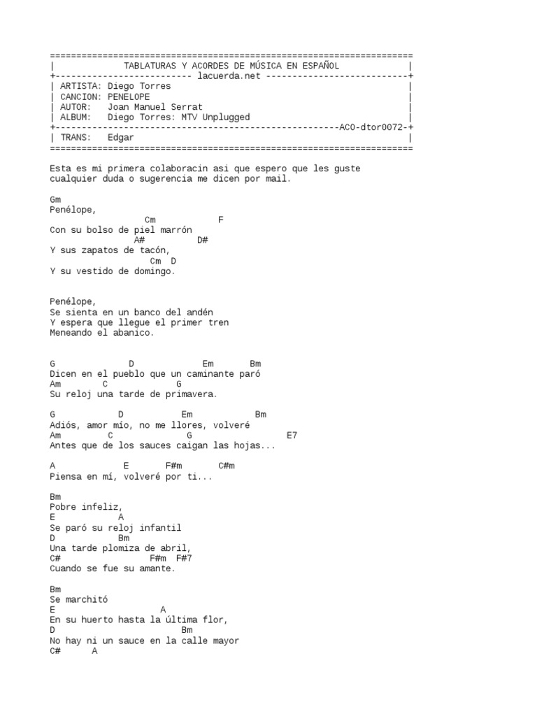 Acordes y letra de "Penélope" | PDF
