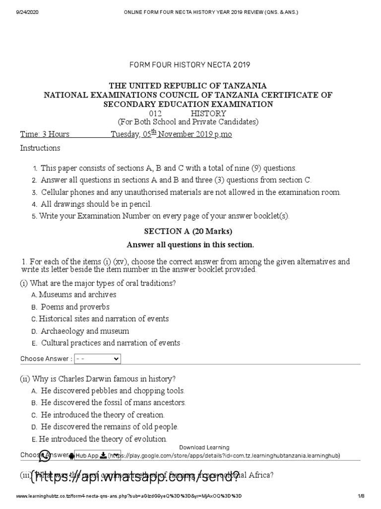 Online Form Four Necta History Year 2019 Review (Qns. & Ans.) PDF | PDF ...