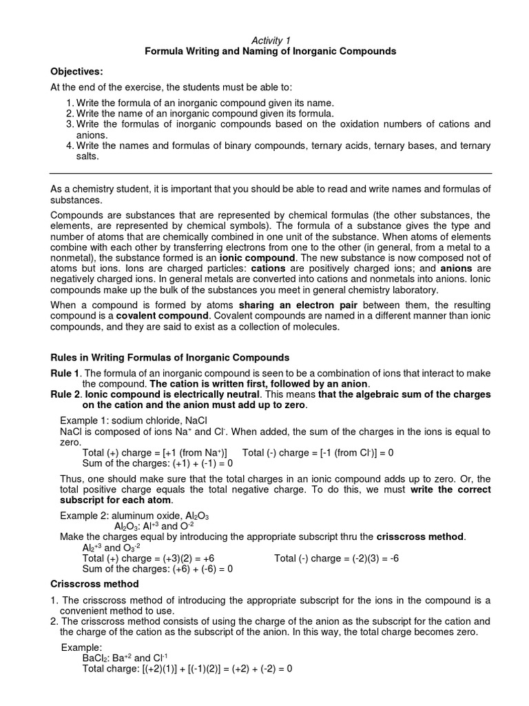 Activity 1 - Formula Writing and Naming Inorganic Compounds | PDF | Ion ...