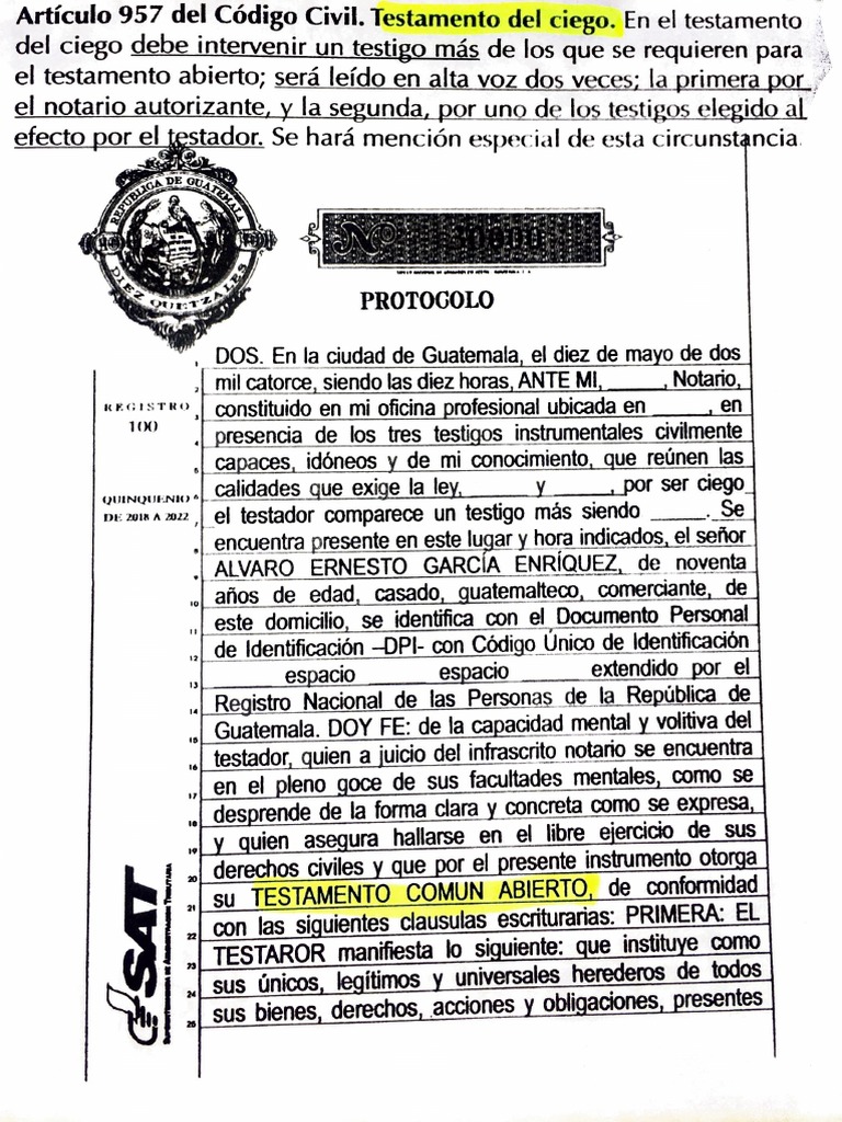 Testamento Comun Abierto Del Testador Ciego | PDF | Voluntad y ...