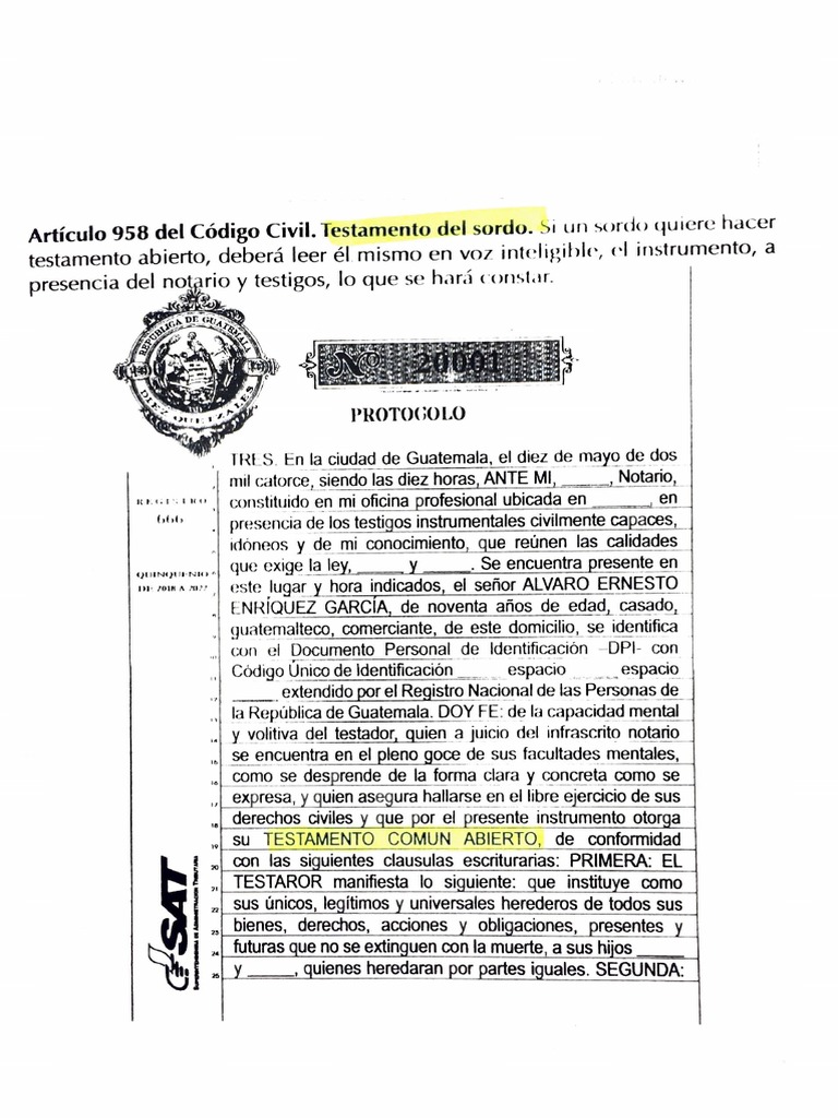 Testamento Comun Abierto Del Testador Sordo | PDF | Voluntad y ...