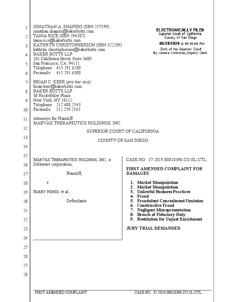 Mabvax V Barry Honig First - Amended - Complaint - Aug 28 2020 | PDF ...