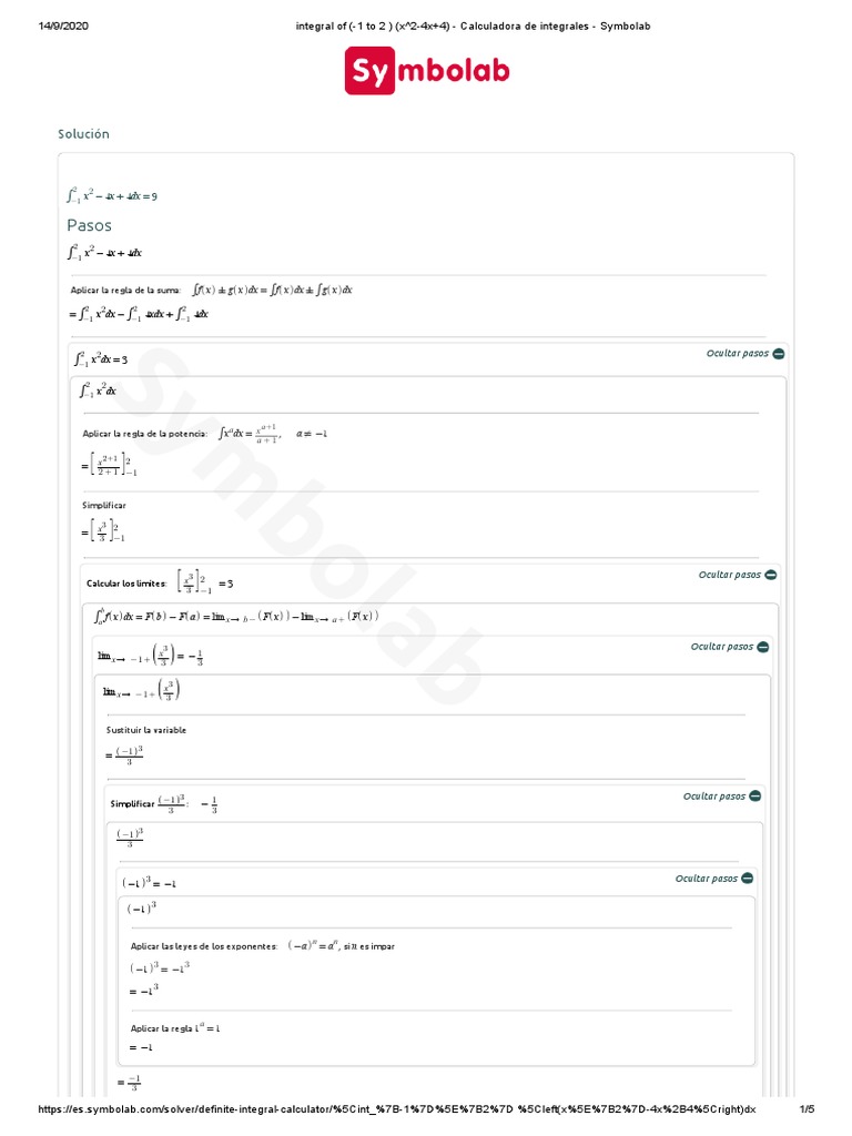 Integral of (-1 To 2) (X 2-4x+4) - Calculadora de Integrales - Symbolab ...
