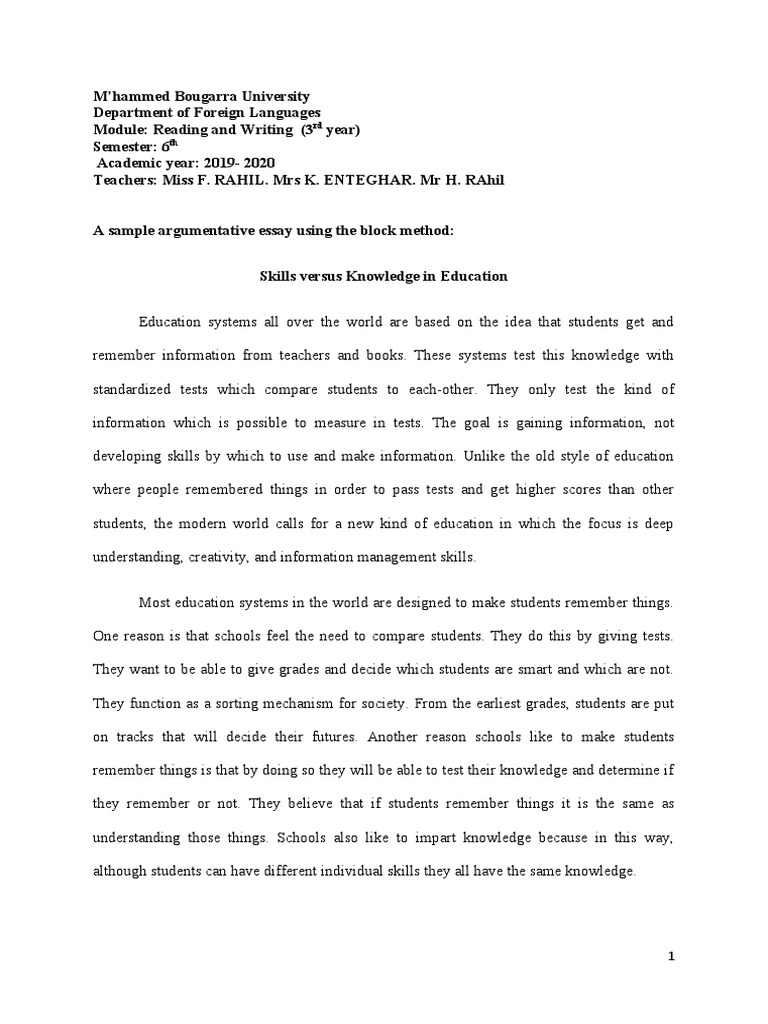 Skills versus Knowledge in Education: An Argumentative Essay Using the ...