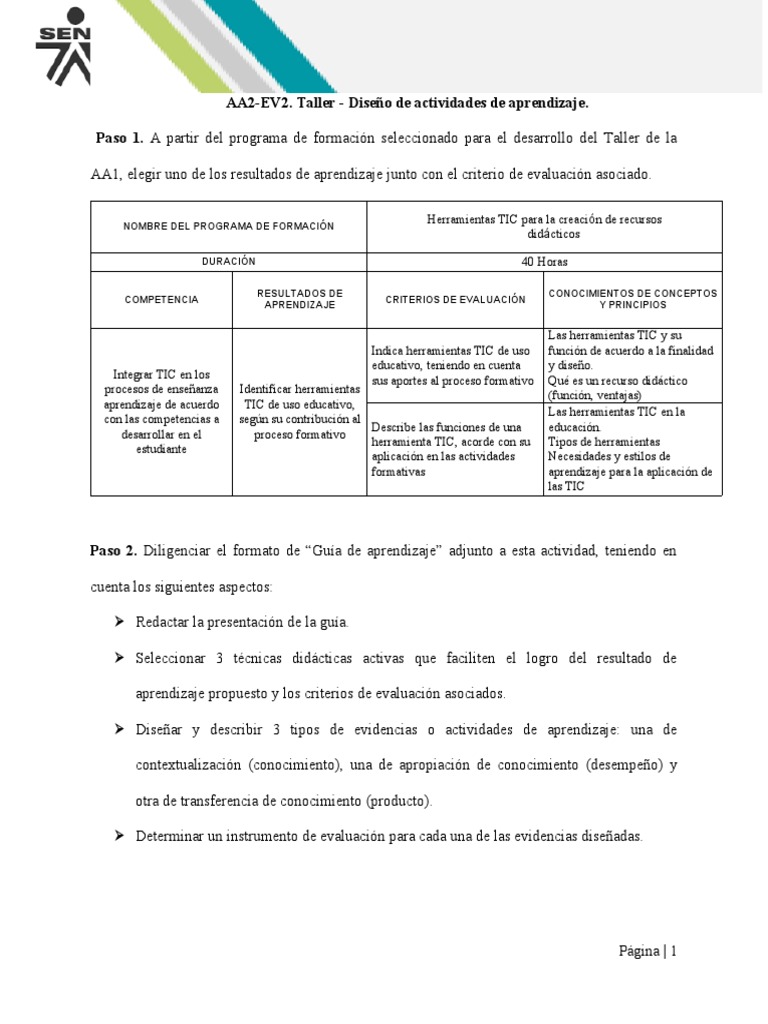 AA2-EV2 Taller - Diseño de Actividades de Aprendizaje | PDF ...