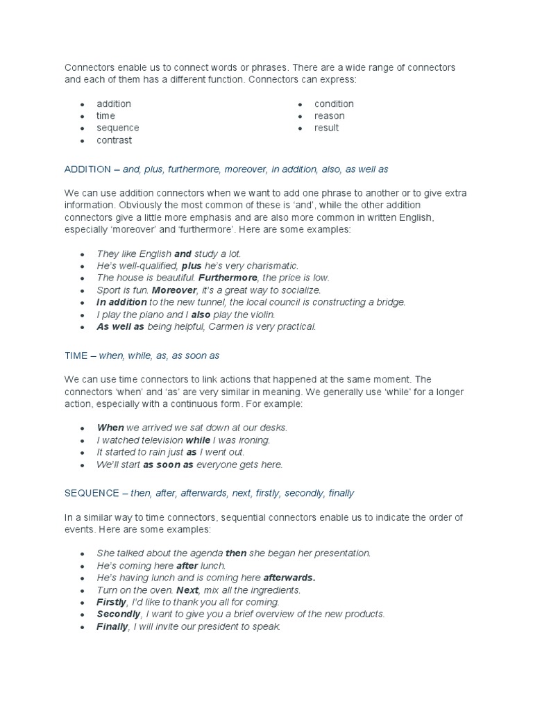 Connectors For Speaking With Examples | PDF