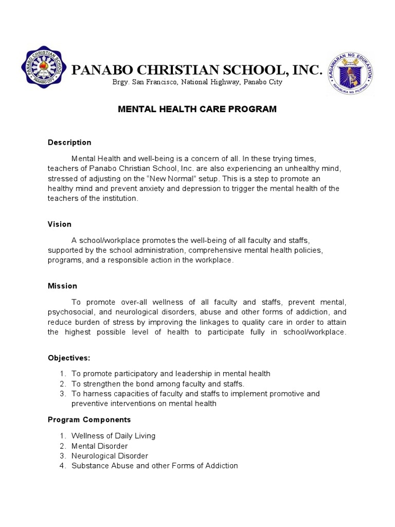 Panabo Christian School Mental Health Program | PDF | Mental Health ...