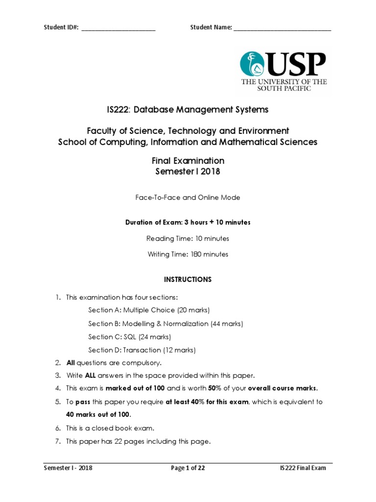 IS222 Exam 2018 | PDF | Database Transaction | Relational Model
