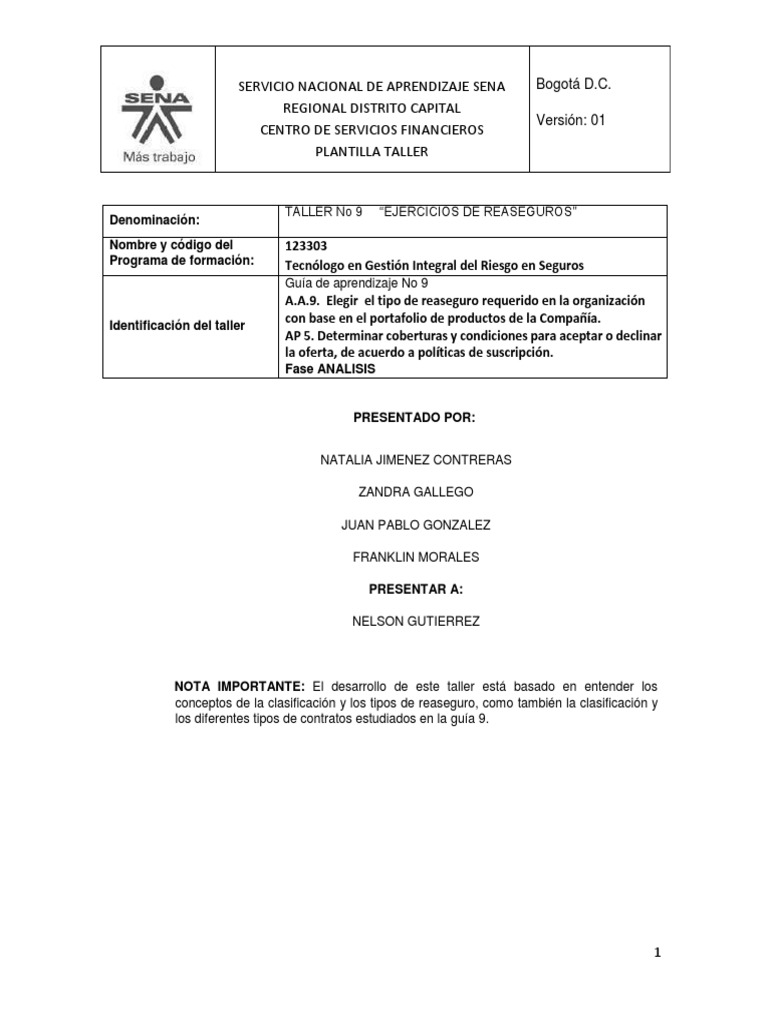 Taller Guia 9 Gaes 1. | PDF | Reaseguro | Póliza de seguros