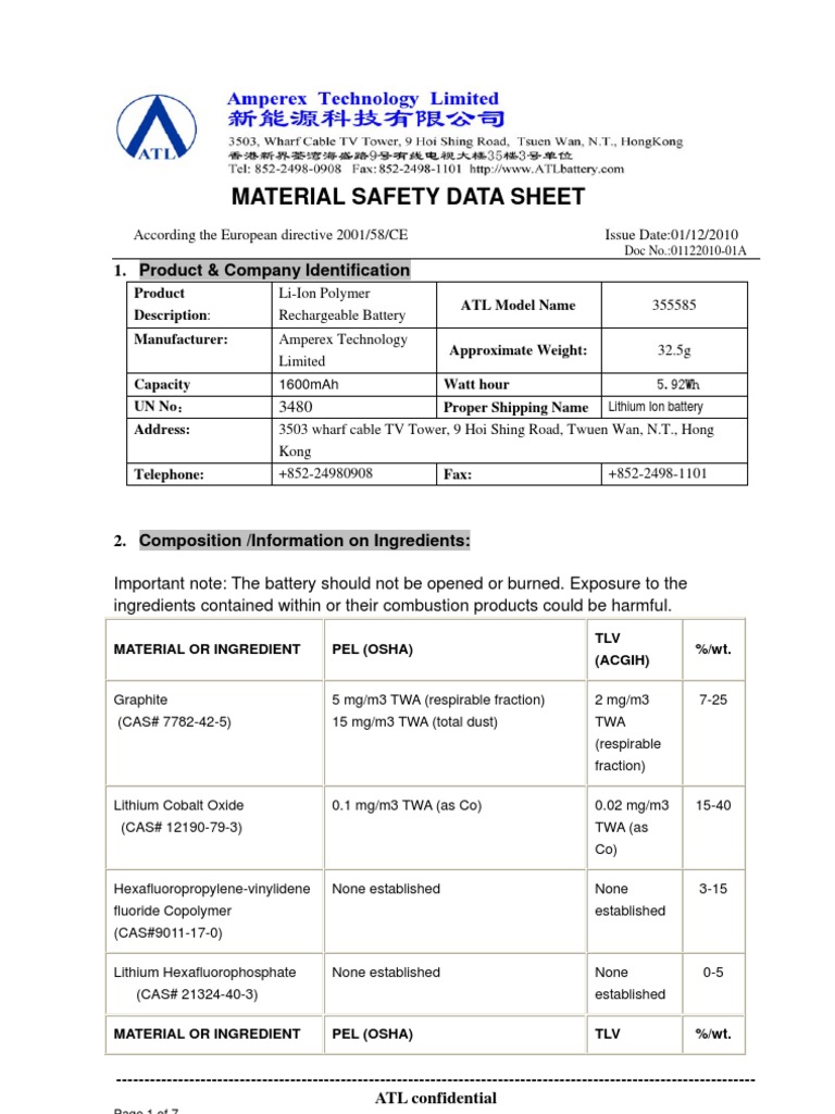 Material Safety Data Sheet: 1. Product & Company Identification | PDF ...