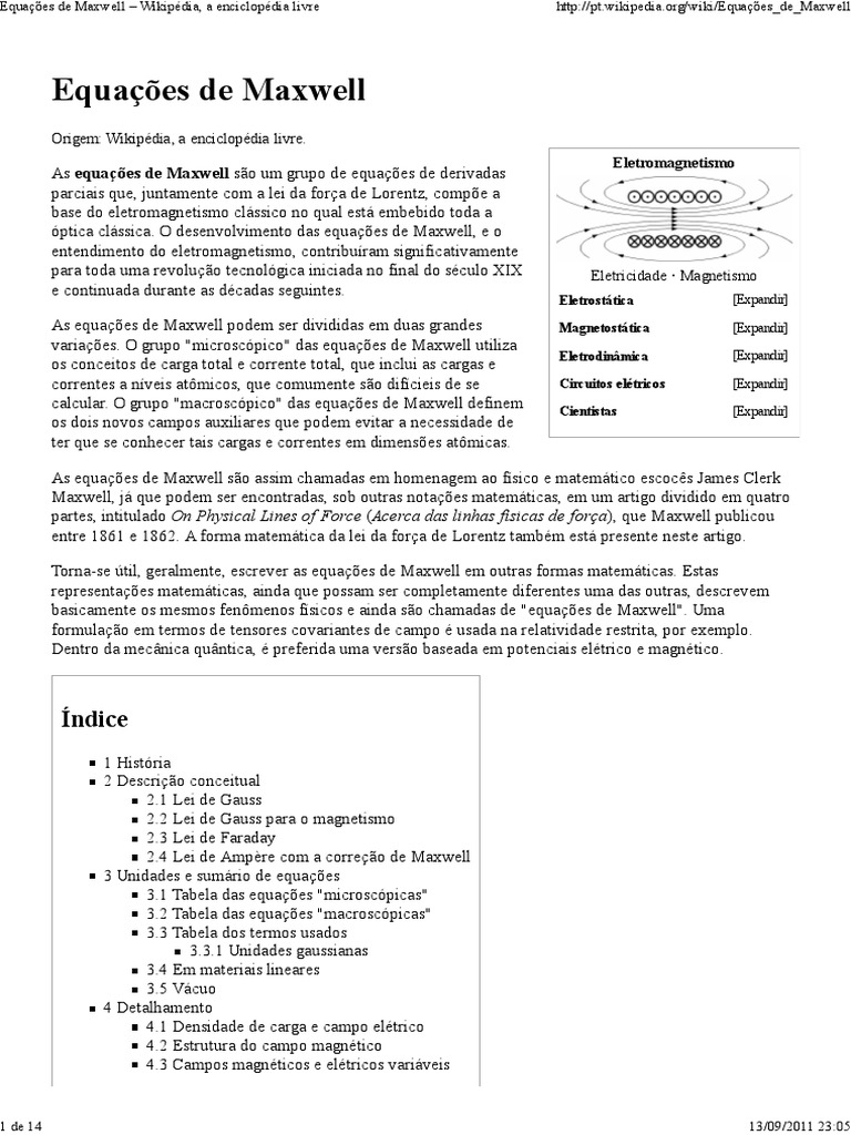 Equações de Maxwell - Wikipédia, A Enciclopédia Livre | PDF | Equações ...