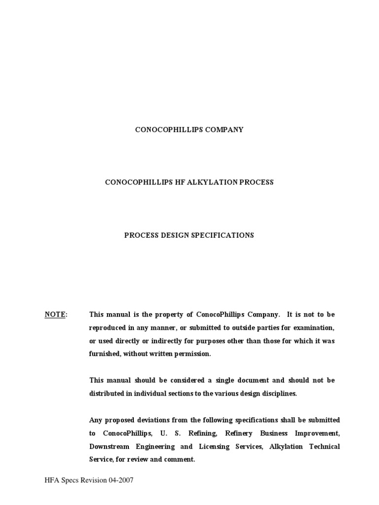 ConocoPhillips HF Alkylation Process Design Specifications - 2007 | PDF ...