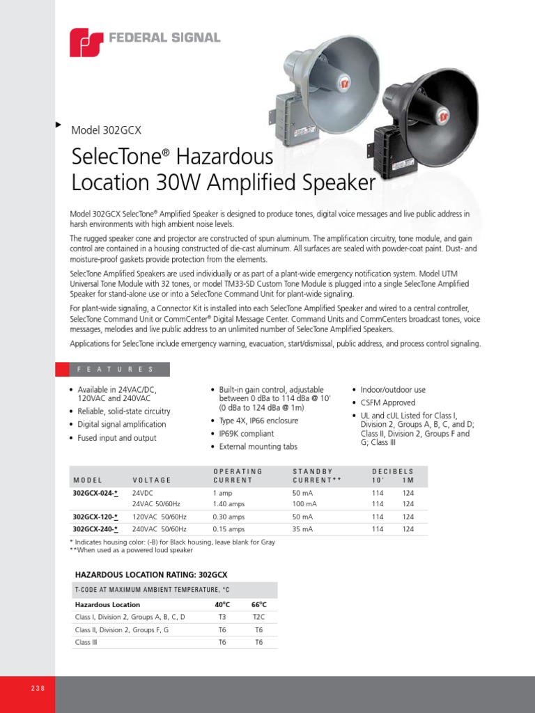 Selectone Hazardous Location 30W Amplified Speaker: Model 302Gcx ...