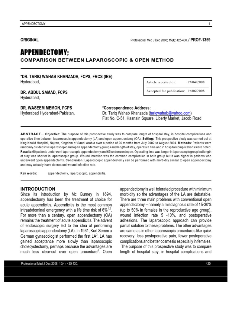 Appendectomy : Comparison Between Laparoscopic & Open Method | PDF | Surgery | Clinical Medicine