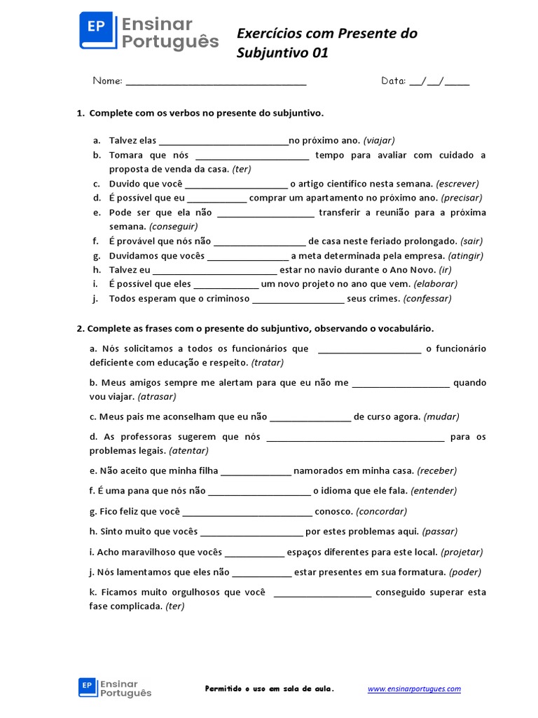 Folha de Exercícios Sobre Presente Do Subjuntivo 1 PDF | PDF