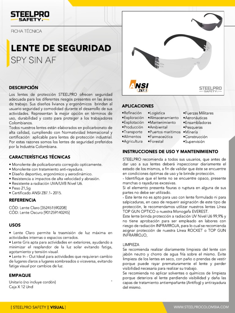 Ficha Tecnica-Gafa Steelpro | PDF