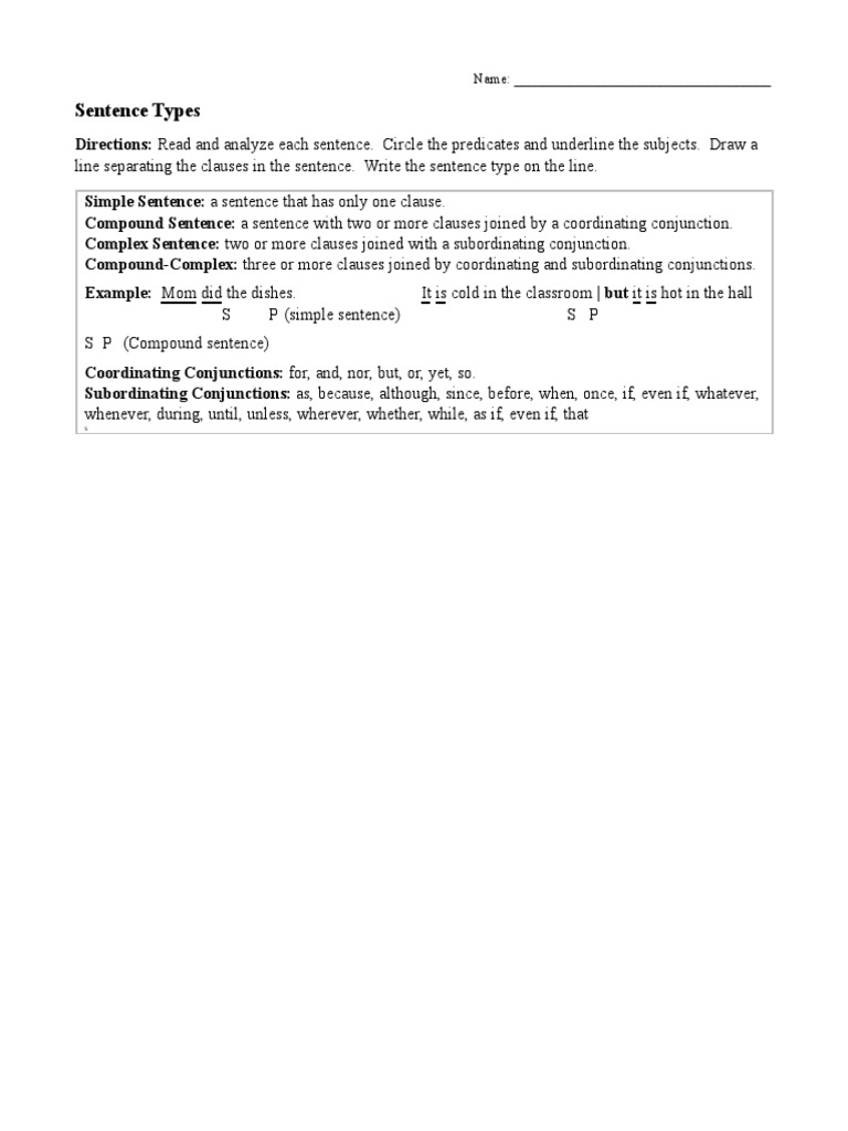 Sentence Types Analysis Worksheet | PDF | Sentence (Linguistics) | Clause
