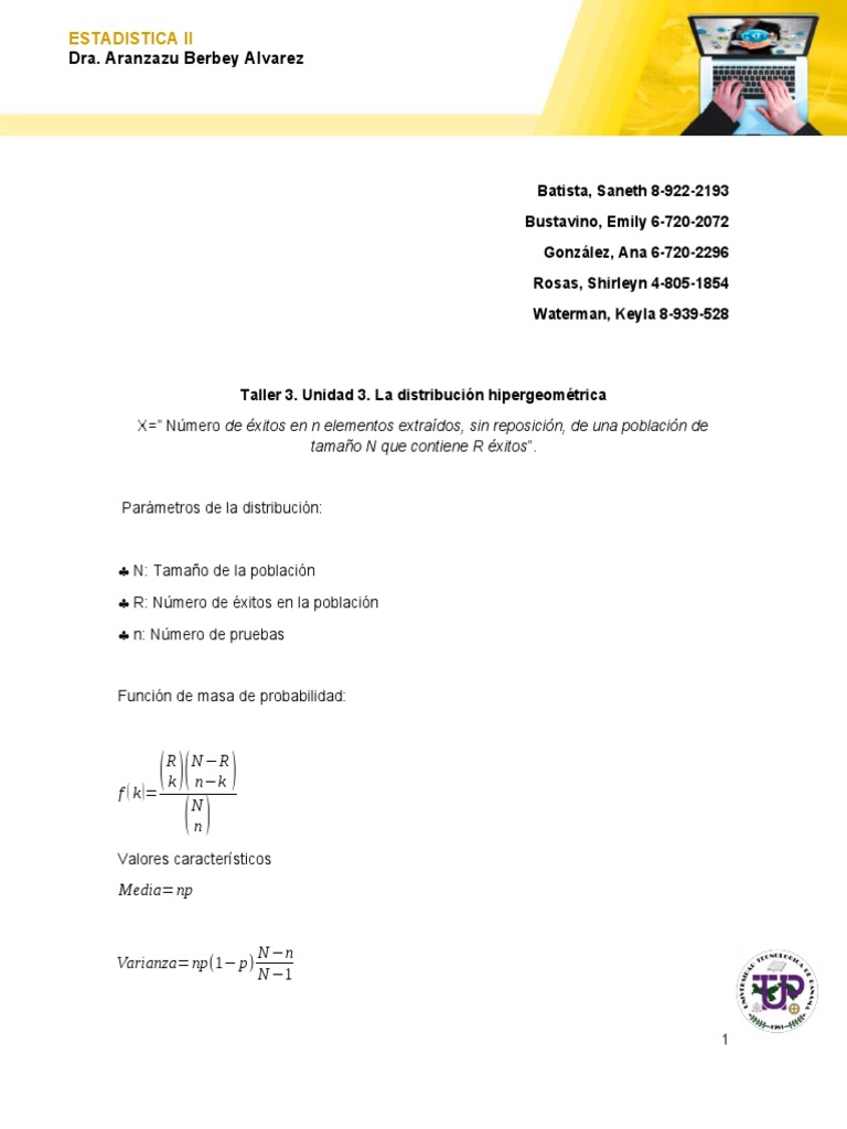 Taller3.U3.Dist Hipergeometrica | PDF | Probabilidades y estadísticas | Estadísticas
