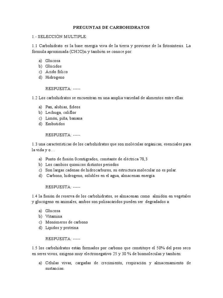 Cuestionario Carbohidratos | PDF | Carbohidratos | Glucosa