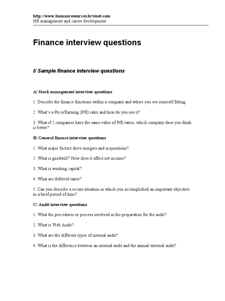 I/ Sample Finance Interview Questions | PDF | Business | Finance ...