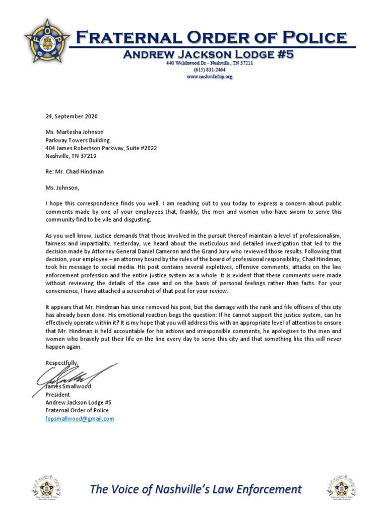 Letter To Public Defender From Nashville FOP - 09/24/20 | PDF