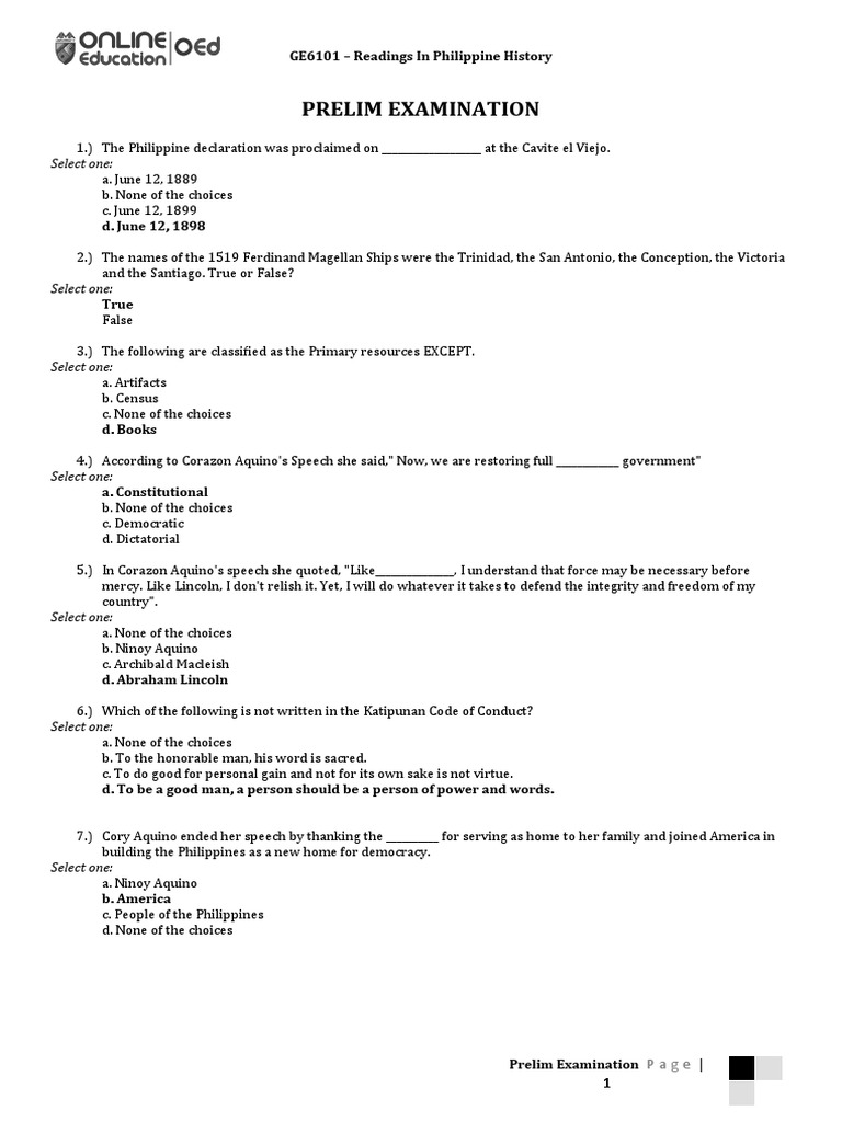 Prelim Examination: Select One | PDF | Corazon Aquino | Philippines