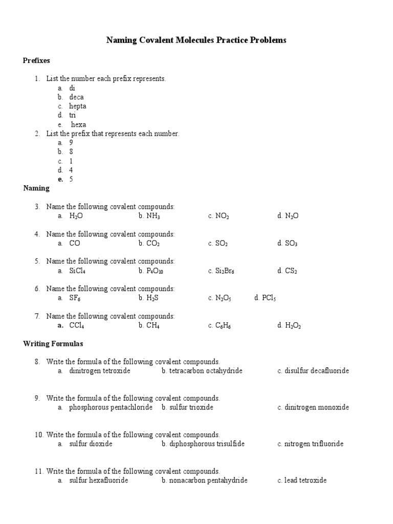 Naming Covalent Molecules Practice Problems: Prefixes | PDF