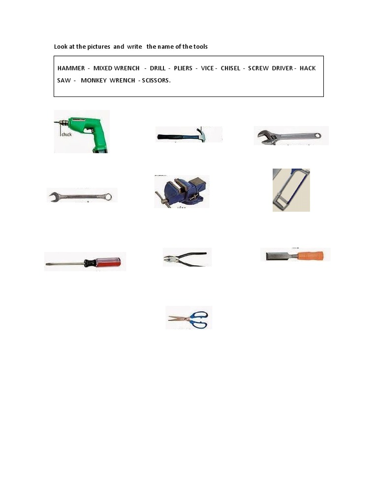 Look at The Pictures and Write The Name of The Tools | PDF