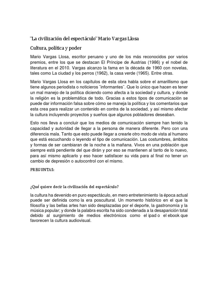 Cultura y Espectáculo según Vargas Llosa | PDF | Civilización ...