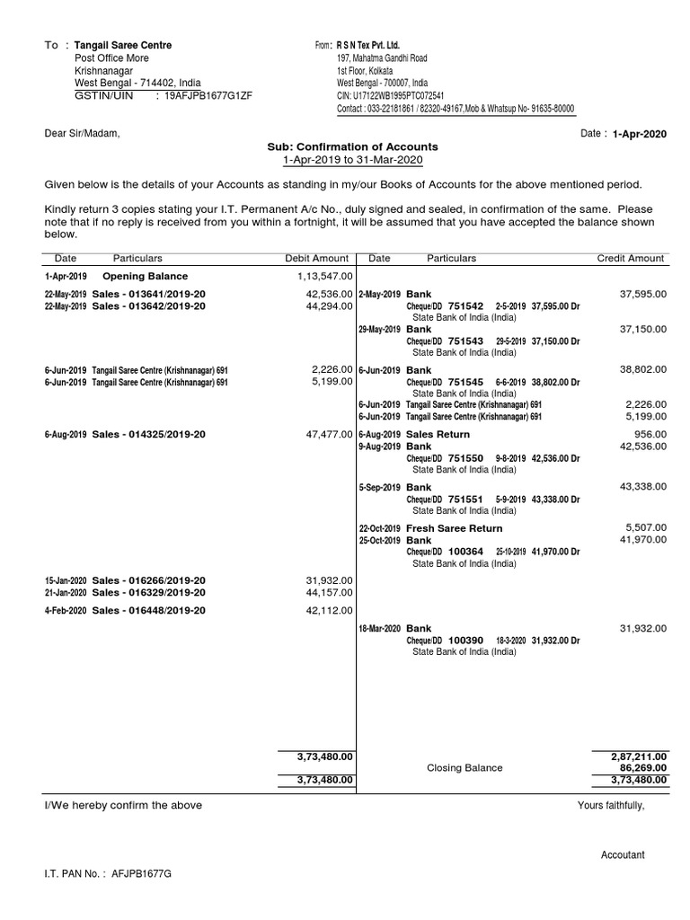 Ledger Confirmation F.Y. 2019-20 | PDF | Cheque | Banks