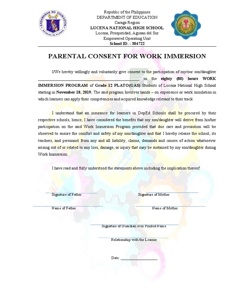 Parental Consent for Work Immersion | PDF