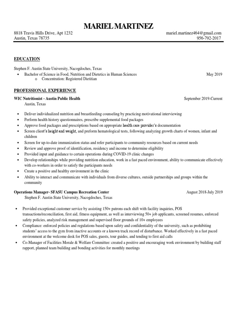 Mariel Martinez - Resume | Download Free PDF | Dietitian | Health Sciences