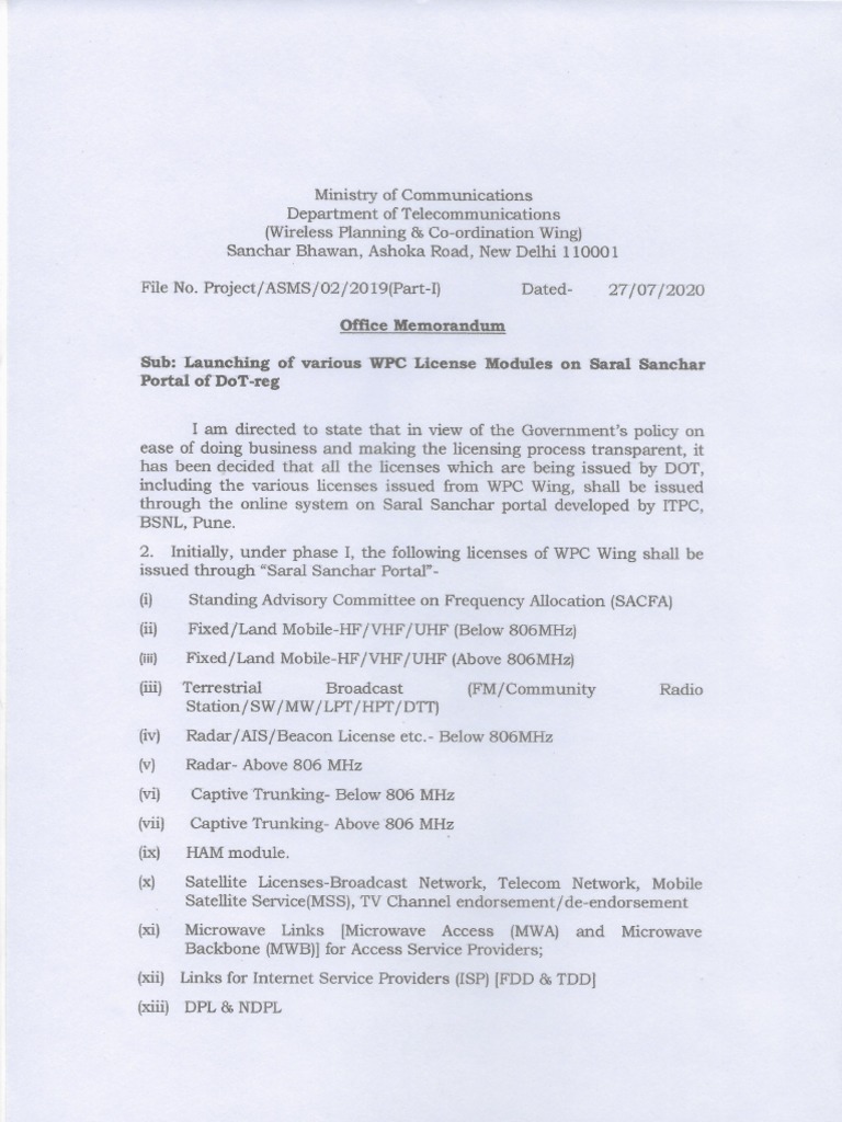WPC License Modules On Saral Sanchar Portal PDF | PDF