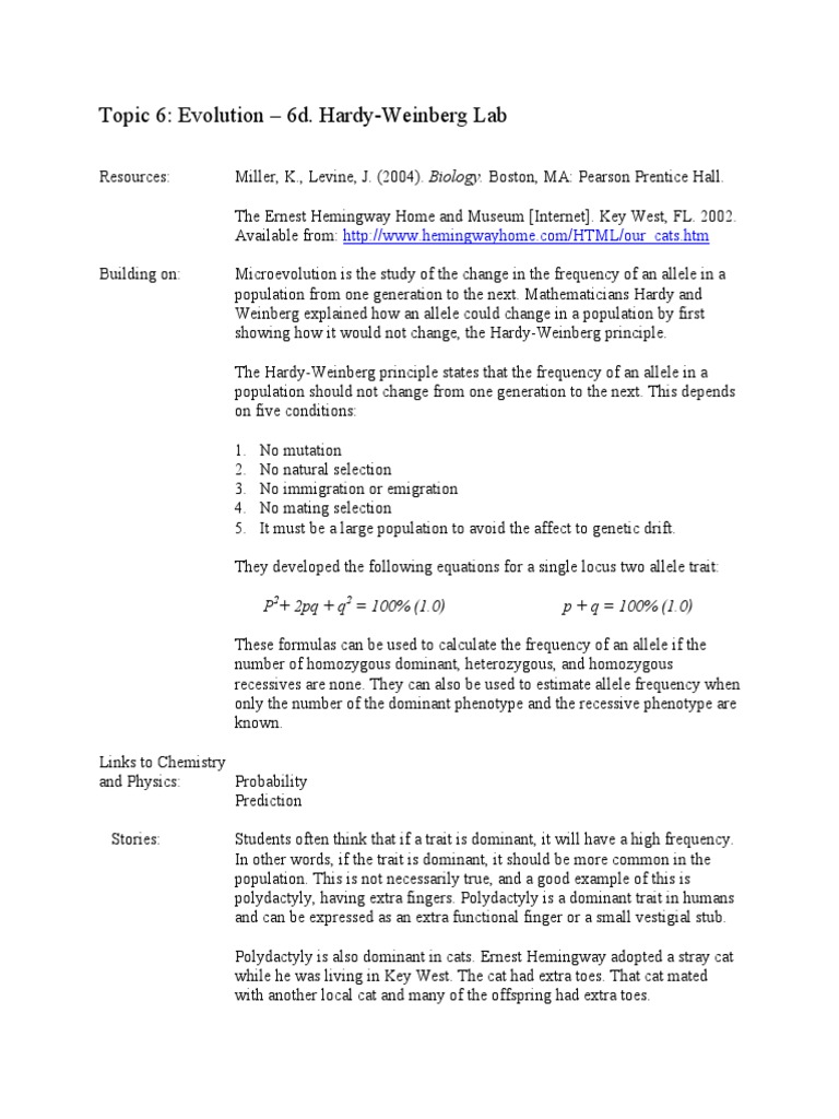 Topic 6: Evolution - 6d. Hardy-Weinberg Lab: P + 2pq + Q 100% (1.0) P ...