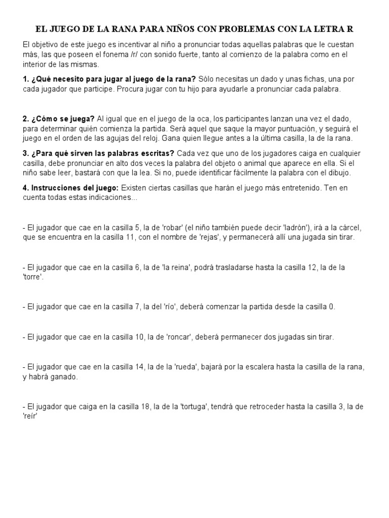 Juego de la rana para niños con problemas con la letra R | PDF
