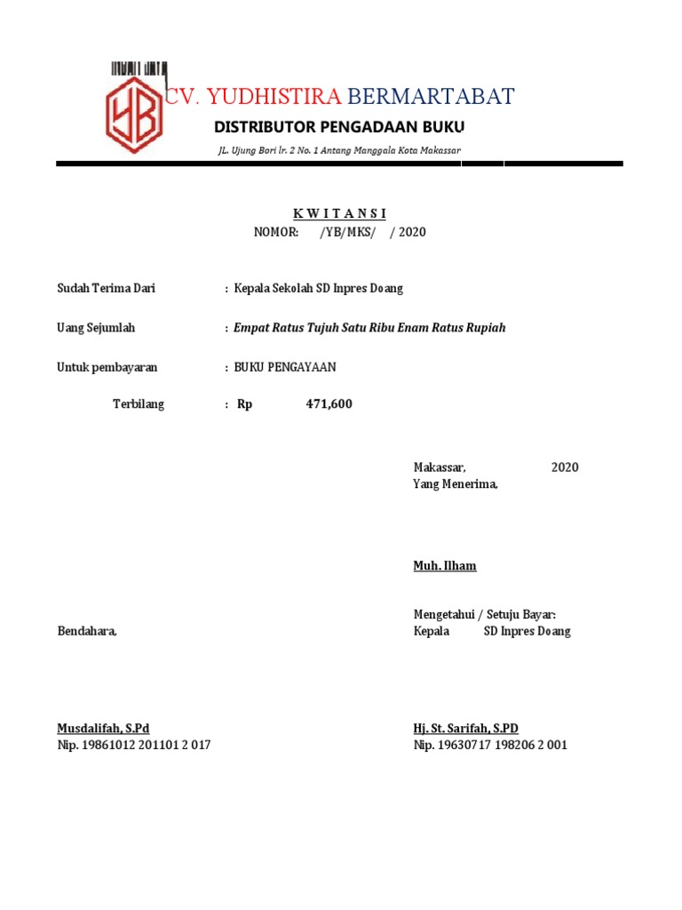 Contoh Kwitansi Cv. Yudhistira Bermartabat | PDF