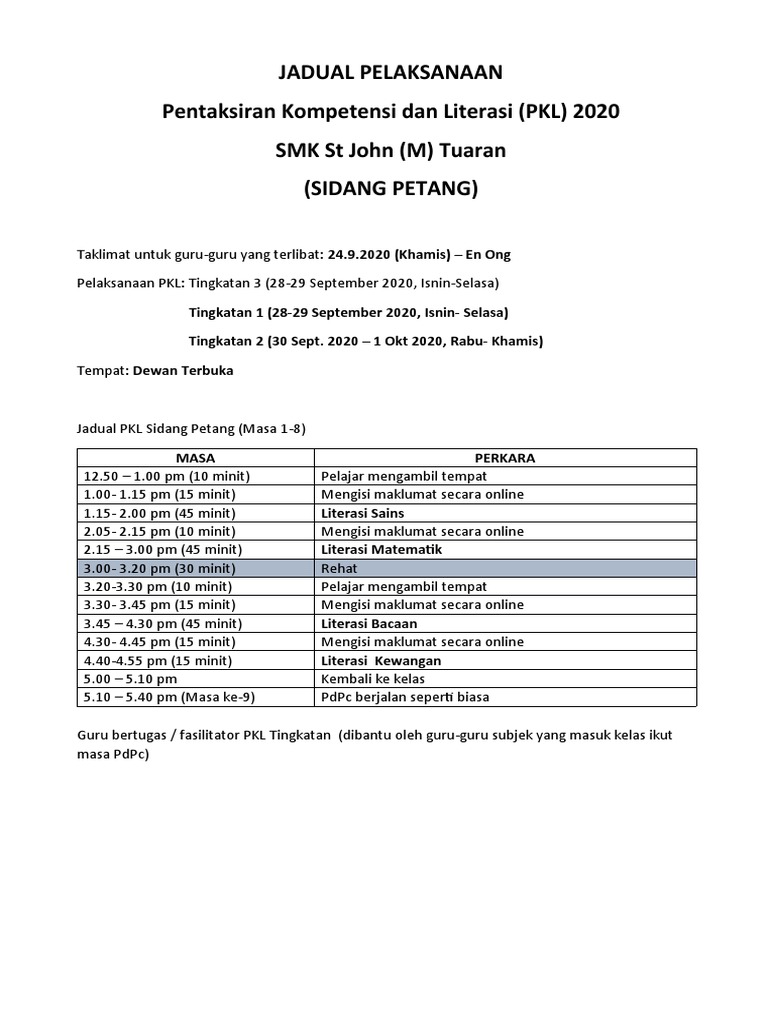 Jadual Pelaksanaan PKL 2020 | PDF