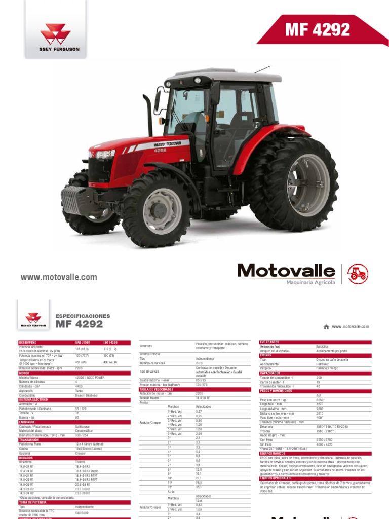 Especificaciones completas del tractor agrícola MF 4292 | PDF ...