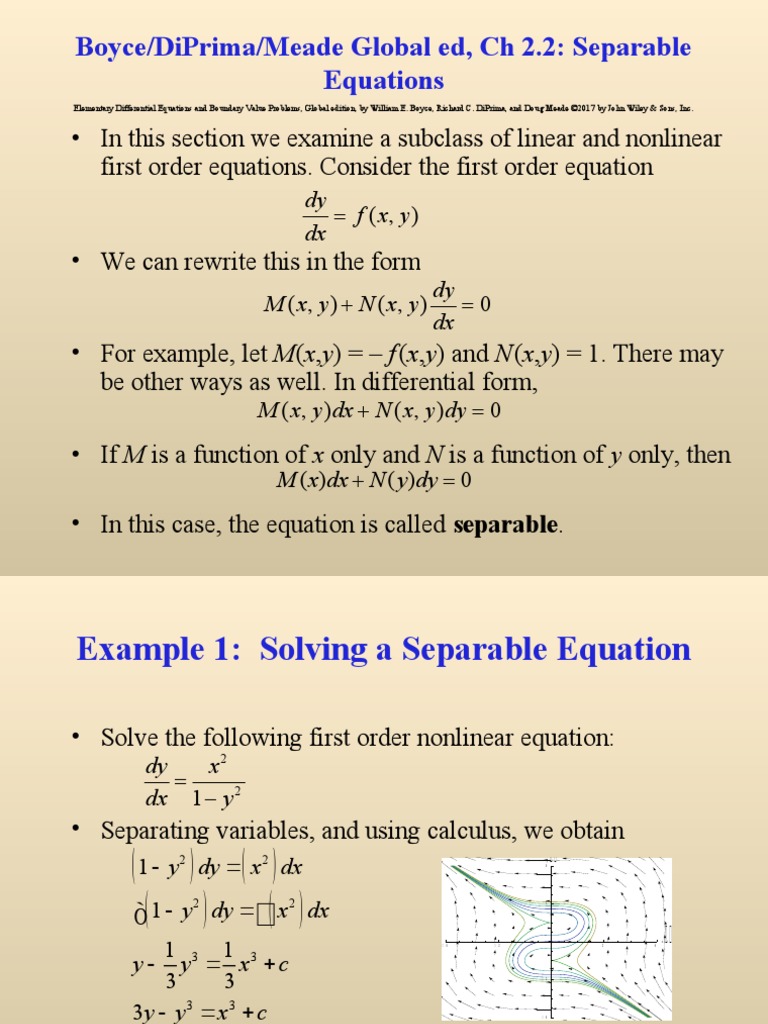 Boyce/Diprima/Meade Global Ed, CH 2.2: Separable Equations: X F DX Dy ...