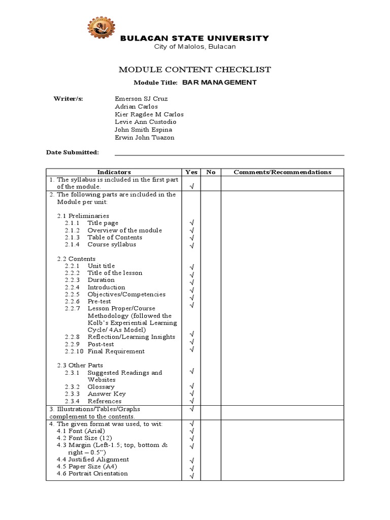 Module Content Checklist Bar | Download Free PDF | Behavior ...