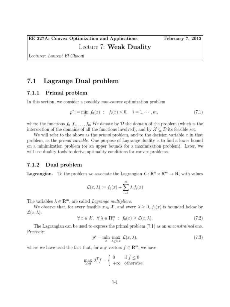 Lecture 7: Weak Duality: 7.1.1 Primal Problem | PDF | Systems Analysis | Mathematical Objects