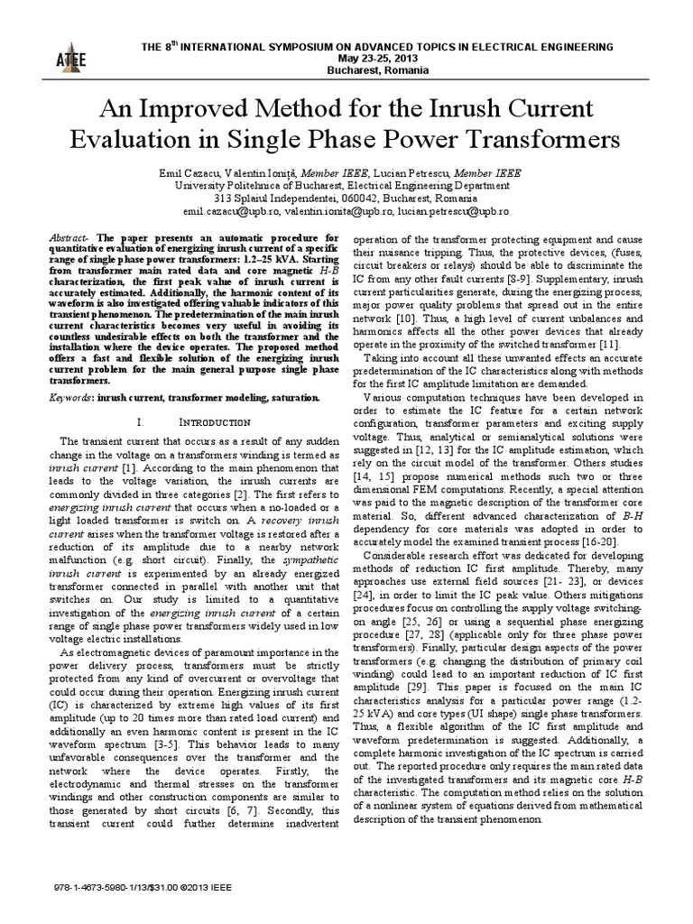 Single Phase Power Transformers: An Improved Method For The Inrush Current Evaluation in | PDF ...