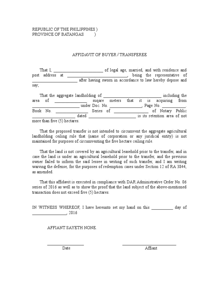 Affidavit of Buyer or Transferee Form | PDF | Finance & Money Management