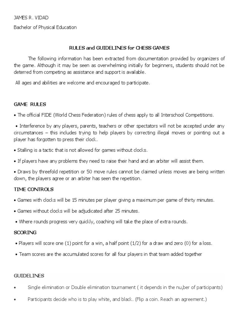 RULES and GUIDELINES For CHESS GAMES | PDF | Chess | Sports