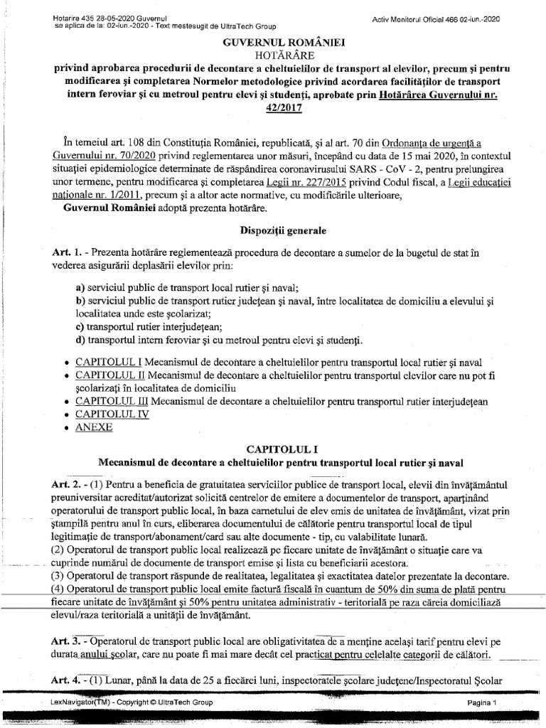 Hotarare 435 25.05.2020 Procedura Decontare Cheltuieli Transport Elevi | PDF
