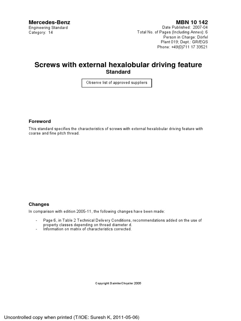 Screws With External Hexalobular Driving Feature: Mercedes-Benz MBN 10 ...