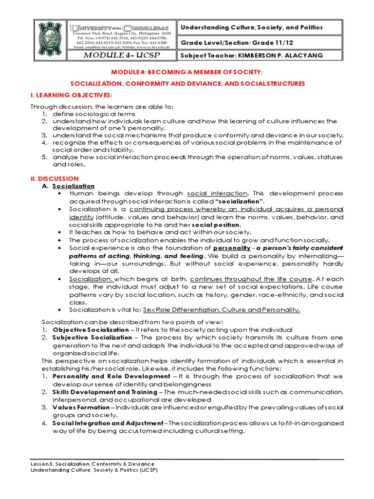 Module 4-Ucsp PDF | PDF | Deviance (Sociology) | Socialization