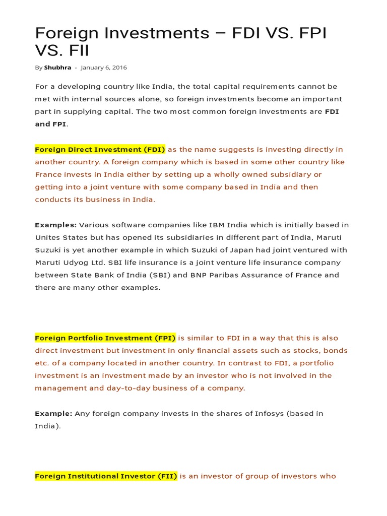 Foreign Investments - FDI VS. FPI VS. FII | PDF | Foreign Direct ...