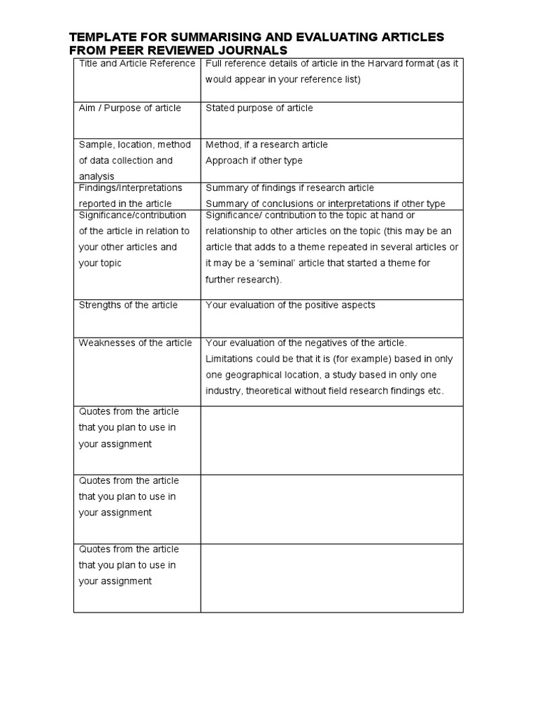 Template For Summarising and Evaluating Articles From Peer Reviewed ...